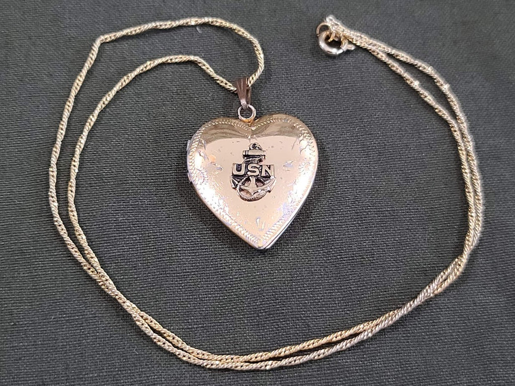 Vintage 1940s WWII US Navy Heart Locket Necklace USN